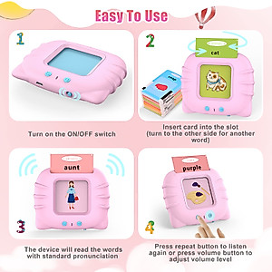 FISHOAKY Talking Flash Cards Educational Toys for 2 3 4 5 6 Year Old Boys Girls, Learning Toys, 112 Audible Baby Flash Cards 224 Words, Preschool Learning Toys Birthday Gift for Kids, Pink