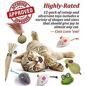 (12Pack) Catnip Toys, Silvervine Cat Toy, Cat Toys for Indoor Cats, Silvervine Sticks,Catnip Balls, Cat Nip Mice,Silver Vine Organic Chew Toys, Kitten Teething Toys,Interactive Plush Feather Kicker