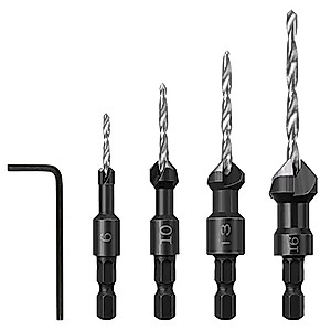 Countersink Drill Bits Set - 1/4 Inch Hex Shank Tapered Drill Bits, Quick Change Wood Woodworking Counter Sinker Drill Bit with Hex Wrench Screw Pilot Hole Drilling Tools for Wood Plastic,4Pcs