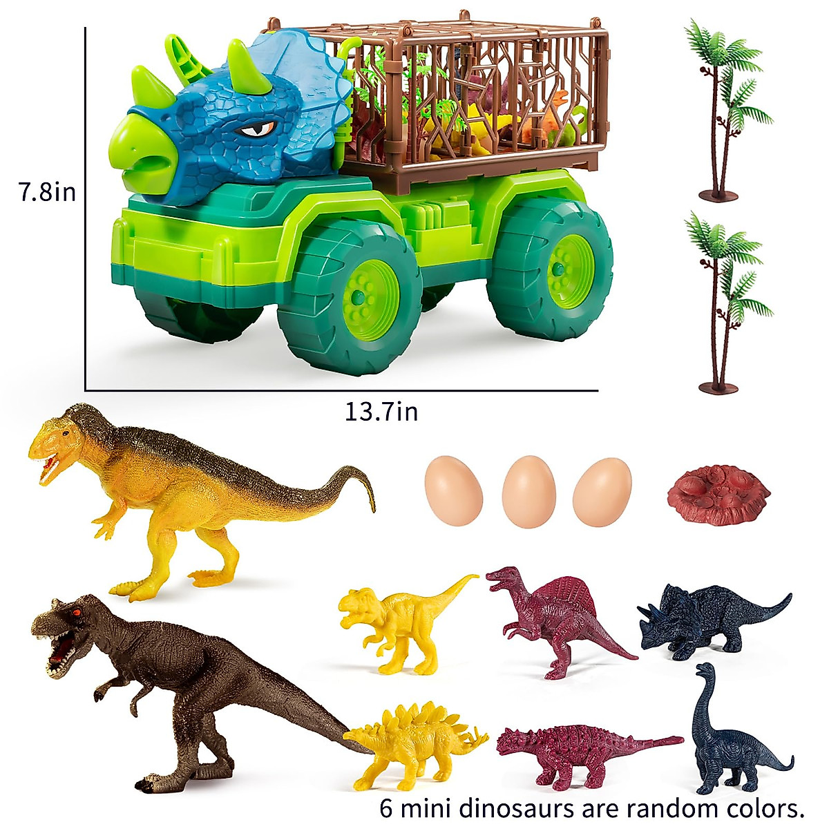 TEMI Dinosaur Truck Toy for Kids 3-5 Years, Triceratops Transport Car Carrier with 8 Dino Figures, Activity Play Mat, Dino Eggs and Trees, Capture Jurassic Dinosaurs Play Set for Boys and Girls