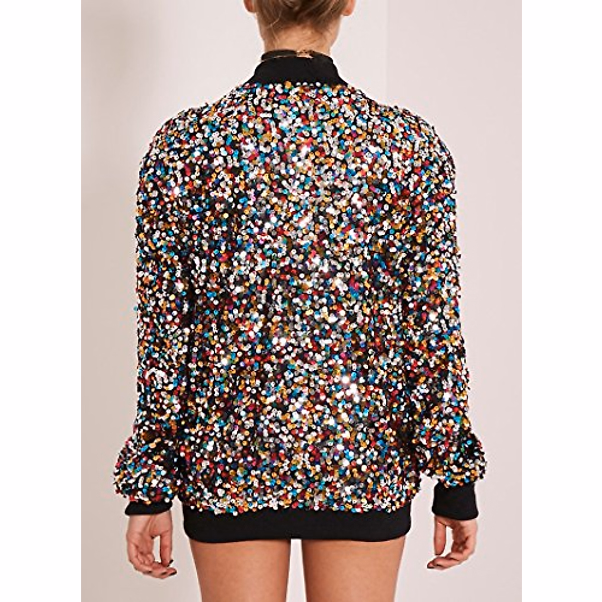 Cresay Women's Sequin Fitted Long Sleeve Zipper Blazer Bomber Jacket Rainbow 3XL