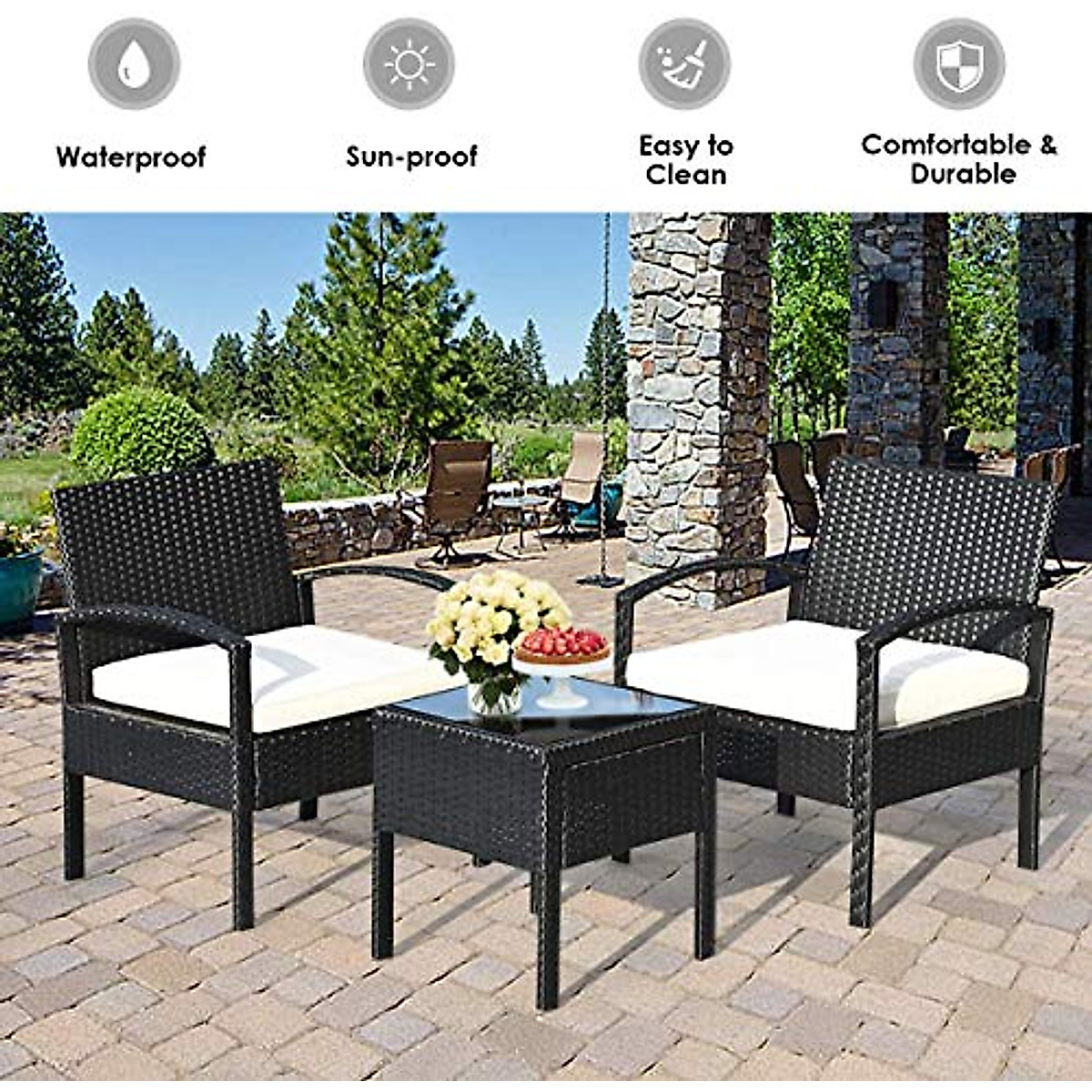 HAPPYGRILL 3pcs Patio Conversation Set Outdoor Wicker Furniture Set Rattan Table & Chairs Set with Seat Cushions, Modern Bistro Set with Coffee Table for Garden Balcony Backyard