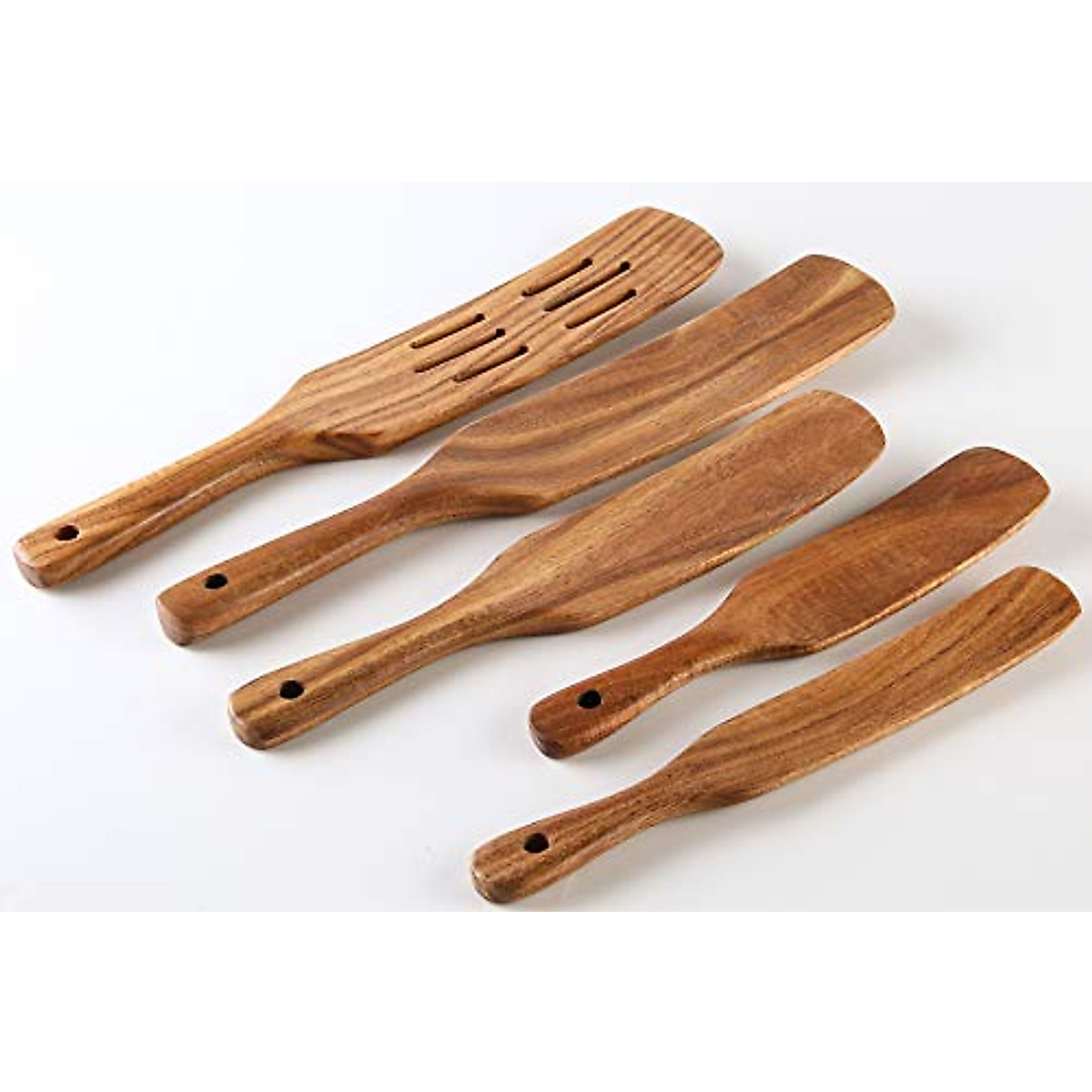 5 Pcs Wooden Spurtles Set for Cooking, NAYAHOSE Natural Teak Wood Slotted Spurtles for Stirring, Mixing, Serving, Non-Stick Heat-Resistant Kitchen Utensils Tools