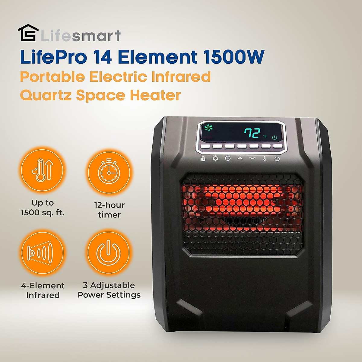 LifeSmart 1500 Watt 4 Element Portable Electric Infrared Quartz Bulb Room Heater for Indoor Use with 3 Heat Settings and Digital Panel, Black