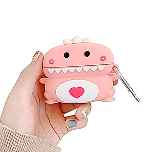 BONTOUJOUR AirPods Pro Case, New Super Cute Creative Lovely Standing Round Belly Love Heart Baby Dinosaur AirPods Case, Soft Silicone Earphone Protection Skin for AirPods Pro +Hook -Pink