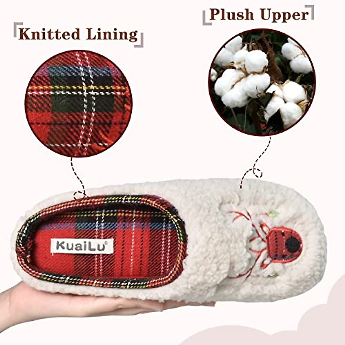 KuaiLu House Slippers Women, Cozy Memory Foam Reindeer Ladies Slippers Orthopedic Plantar Fasciitis Arch Support Bedroom Slippers Slip on Comfy Warm Home Shoes Indoor Outdoor Hard Sole Red Size 9