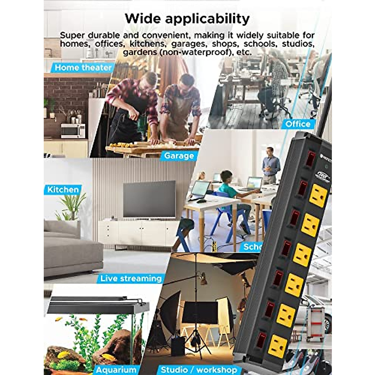 Power Strip with Individual Switches and Flat Plug, CRST 6-Outlet Metal Heavy Duty Surge Protector (1200 Joules), 6-Feet 14AWG Cord with Hook and Loop Fastener, 15A Circuit Breaker