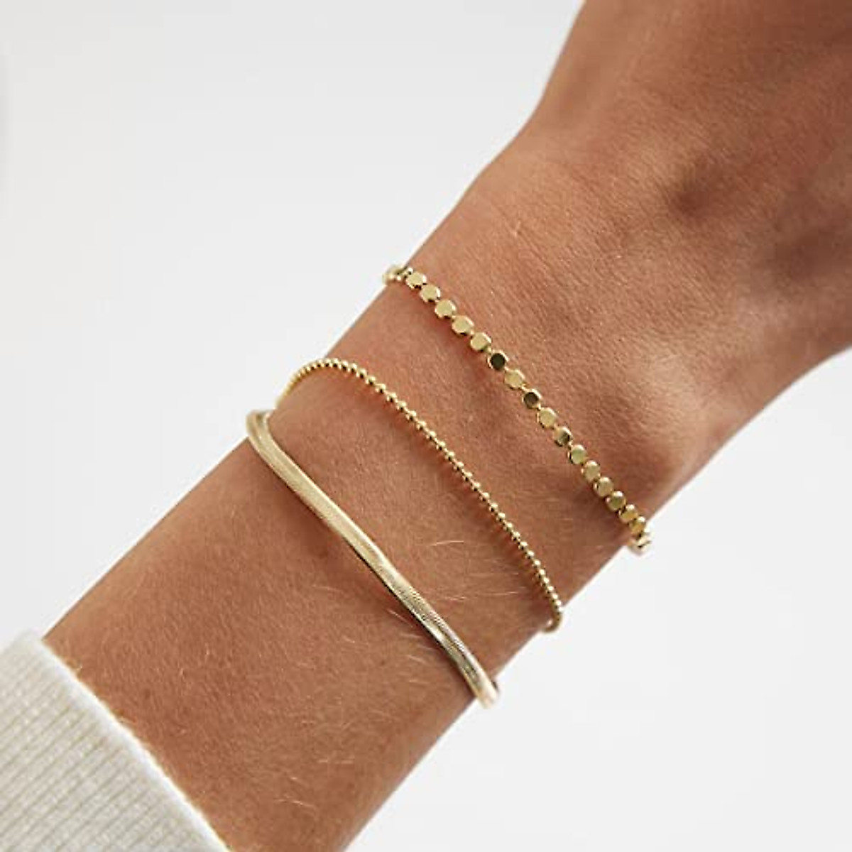 ASCOMY Dainty Gold Bracelets for Women 14K Gold Plated Gold Flat Herringbone Bracelet for Women Girls Cute Dot Link Ball Chain Bracelets Set Adjustable Layered Bracelet Trendy Gold Jewelry Gifts