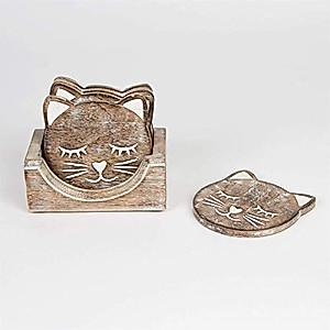 NIRMAN Wooden Crafted Unique Adorable Cat Shaped Coasters Set of 6 with Holder, Bar Dining Table Home Décor