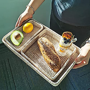 Set of 3 Handmade White Rattan Rectangle Serving Tray Washed White Wicker Serving Organizer Tabletop Fruit Platter with 2”Wall 14 Inch Decorative Bread Drinks Snack Storage Serving Basket Tray