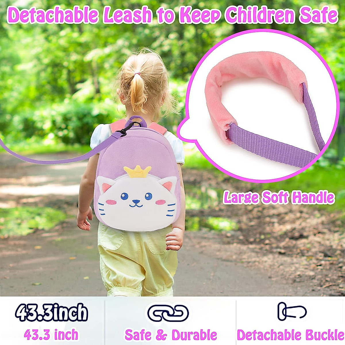 Toddler Backpack,Cute Plush Small Preschool Backpack with Leash Gift for Little Boys Girls Kids with Chest Strap,Purple Cat