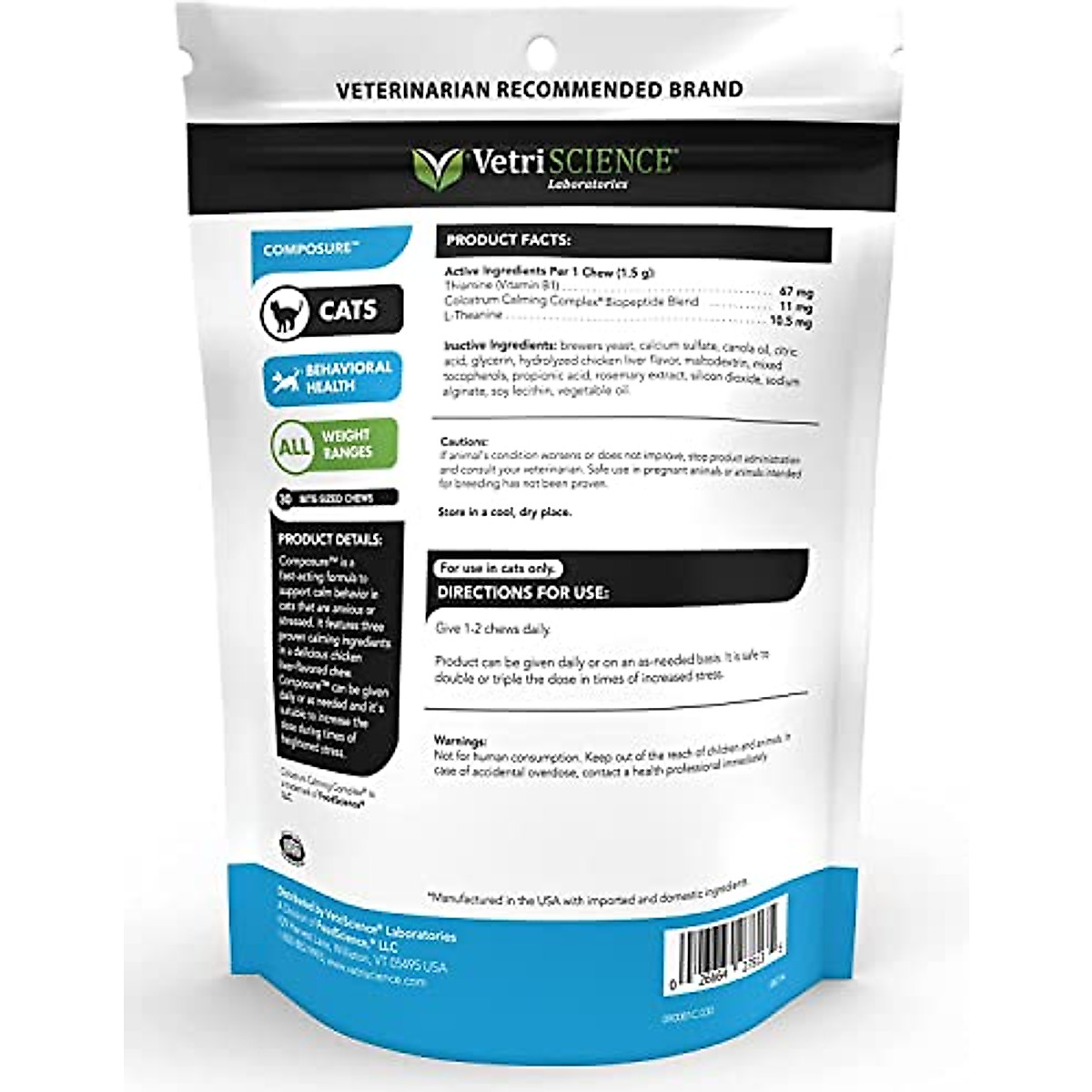 VetriScience Composure, Calming Formula for Cats, 30 Bite-Sized Chews