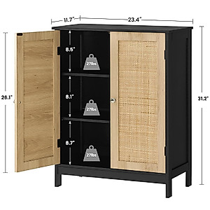 Iwell Storage Cabinet with Rattan Doors, Bathroom Storage Cabinet with Adjustable Shelf, Floor Cabinet for Living Room, Entryway, Kitchen, Home Office, Black