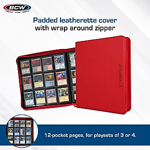 BCW Z-Folio LX Zipper Portfolio - Premium Red Leatherette 12-Pocket Playset Album - Secure Zipper - 480 Card Capacity - Card Collector's Dream - Card Organizer - Trading Card Storage