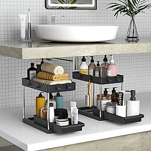 QualiapeX 2-Tier Under Sink Organizer, Kitchen Organization, Cabinet Storage Drawer Organizer with Hooks, Dividers, Handles, Bathroom Organizer, Easy-Grip & Hold-Out Sliding Drawer (Black 1 Pack)