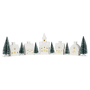 Mark Feldstein & Associates Winter Village with Barn White Unglazed Porcelain Holiday Pre Lit LED Figurines, Set of 11, 5 Inch