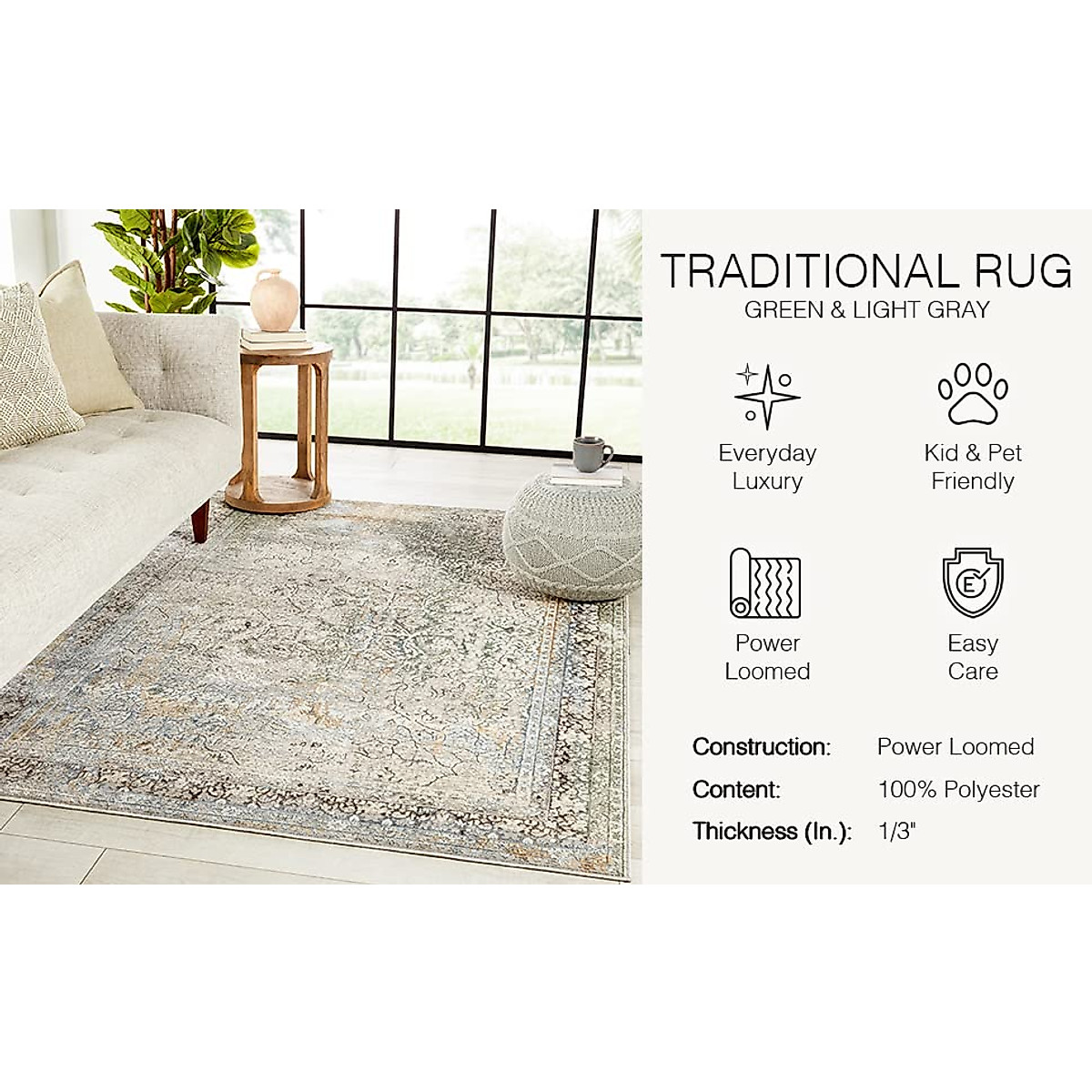 Jaipur Living Vibe Thayer 7'10"X10' Area Rug, Updated Traditional Green for Indoor Spaces