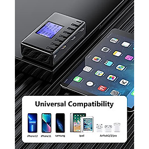 USB Charging Station, Ziwodiv 8-Ports USB Charger Station, 60W/12A Multi Port USB C Hub Charger with LCD Display for Multiple Devices, Compact Desktop Charging for iPhone iPad Samsung Android Tablet