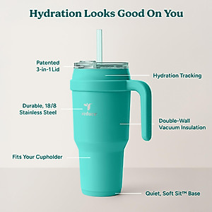 Reduce 40 oz Stainless Steel Tumbler with Handle - Dual-Wall Vacuum Insulated Travel Mug, Sweat-Proof Lid & Reusable Straw - Keeps Drinks Cold for 24 Hrs, Fits Cupholders, Dishwasher Safe-Ocean Breeze