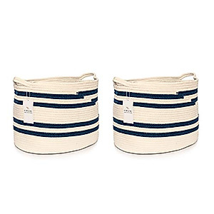 Chloe and Cotton Woven Cube Storage Baskets with Handles | Set of 2 | Cute Decorative Bins for Shelves, Bookcases, Cubbies, & Organizing Containers | Navy White