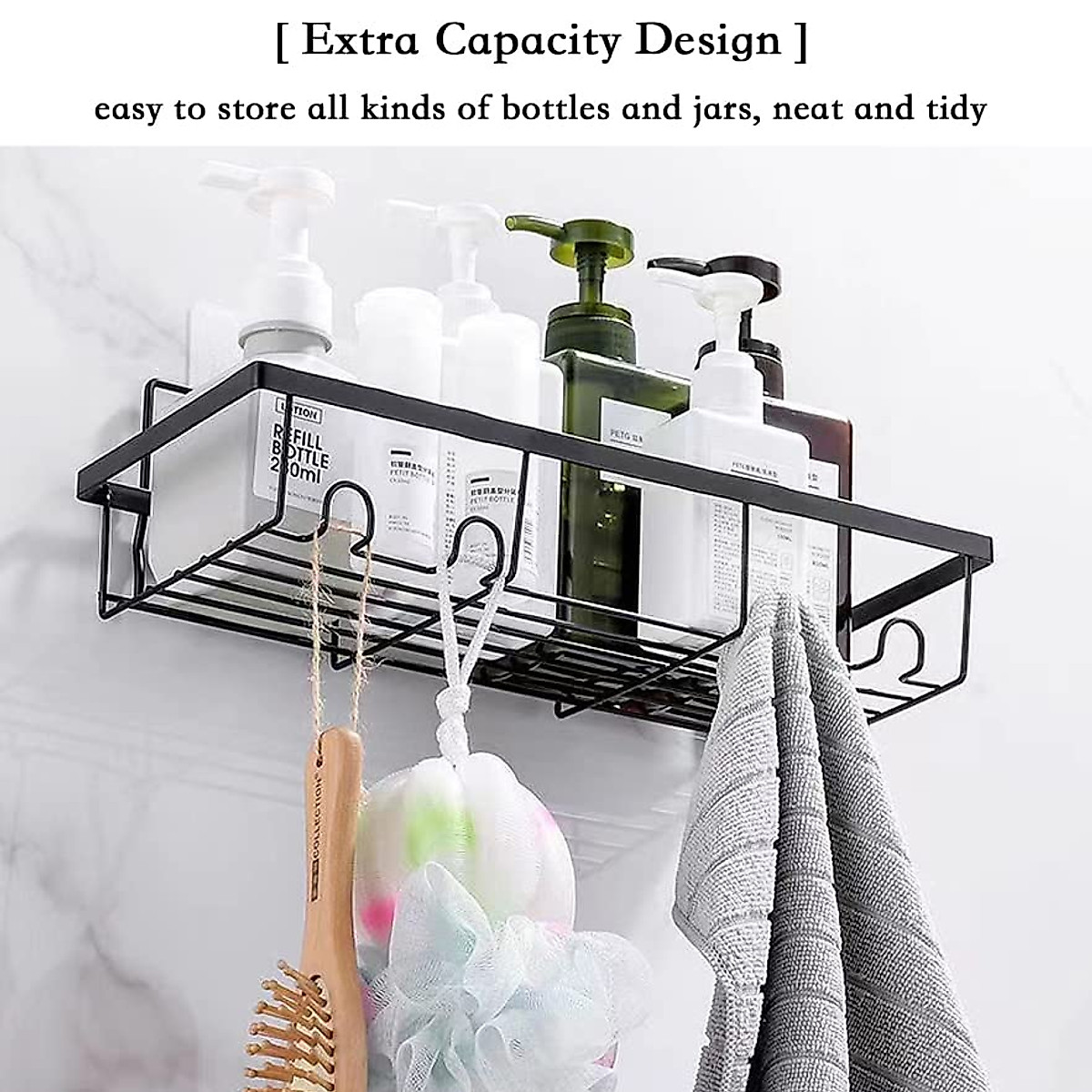 Shower Caddy, Adhesive Shower Organizer, Shower Shelf with 8 Removable Hooks, No Drilling, Rustproof Stainless Steel Black Shower Storage Basket Shelf for Kitchen, Bathroom