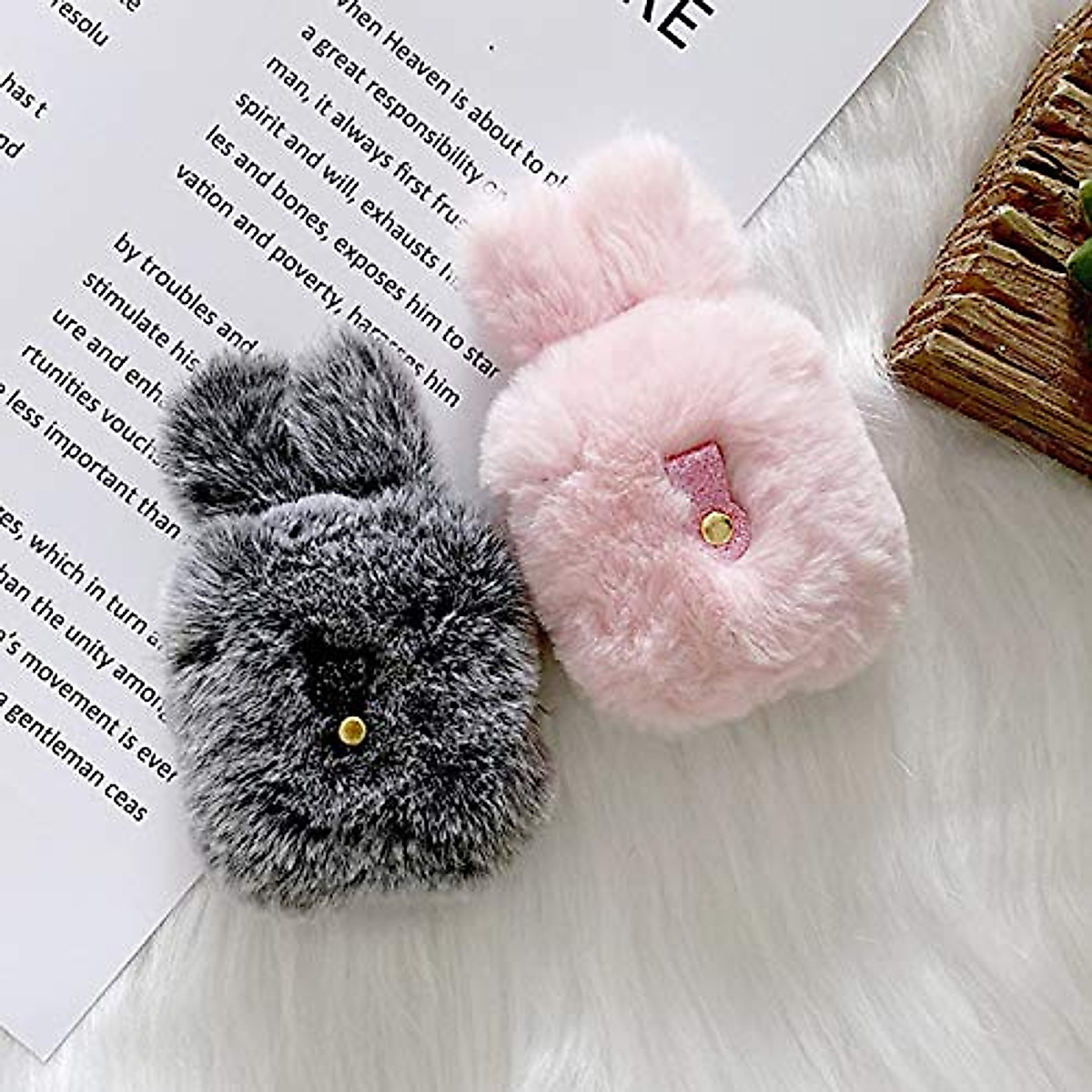 Guppy Compatible with AirPods Furry Bunny Case Girls 3D Cartoon Cute Rabbit Ears Plush Fluffy Warm Carrying Case Soft Protective Case Cover Accessories for AirPods 1 & 2 Gray