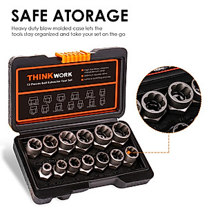 THINKWORK Bolt Extractor Set, 13+1 Pieces Impact & Nut Remover Stripped Lug Remover, Extraction Socket Set for Removing Damaged, Frozen, Rusted, Rounded-Off Bolts, Nuts Screws