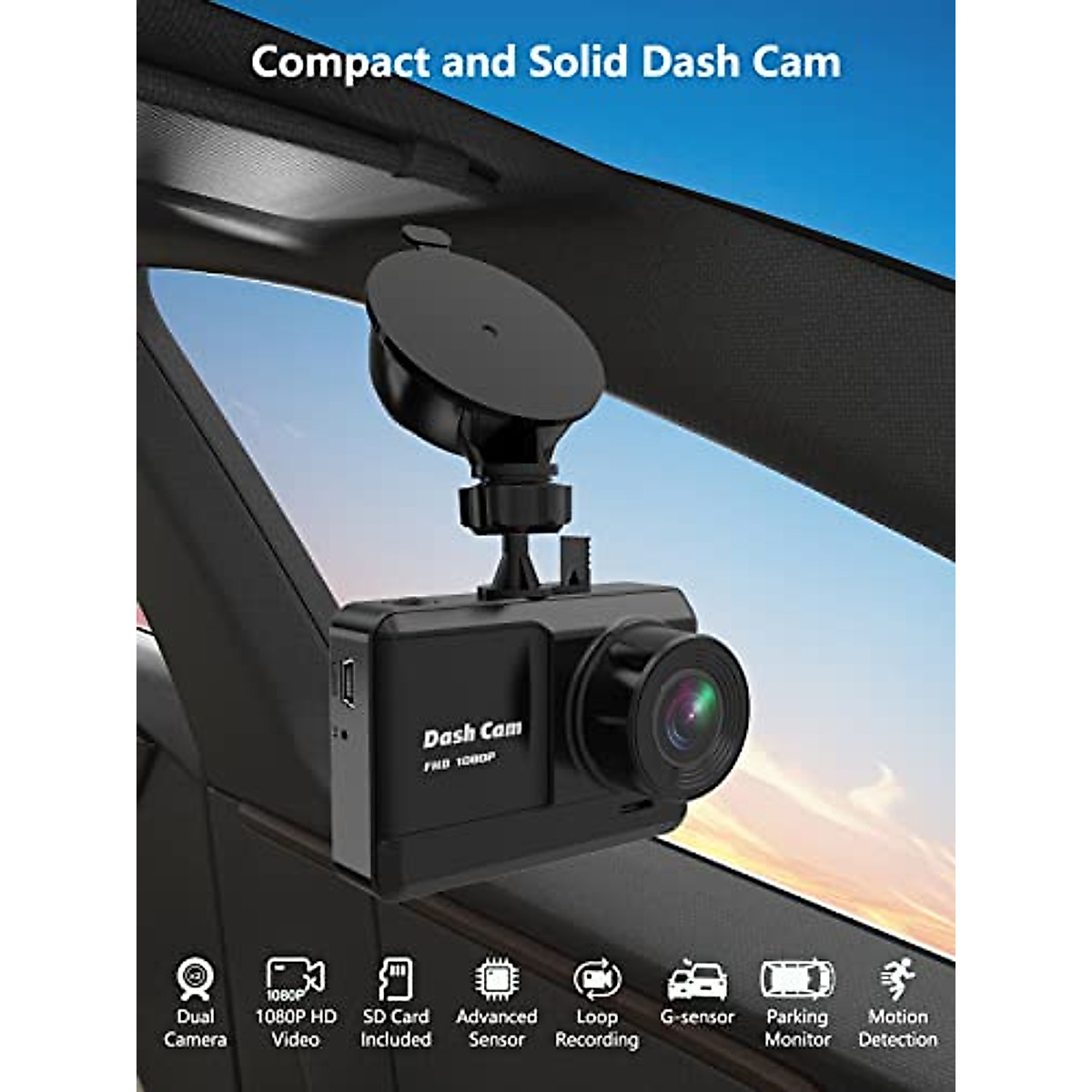 Dash Cam Front and Rear, Mini Dash Cam 1080P Full HD with 32GB SD Card, 2.45 inch IPS Screen, 2 Mounting Ways, Night Vision, WDR, Accident Lock, Loop Recording, Parking Monitor, Motion Detection