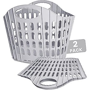B BIBYKIVN Collapsible Laundry Basket,63L/16.6 Gallon Large Plastic Laundry Basket with Carry Handle,Space-Saving,Foldable Laundry Basket for Easy Storage,for Home,Dorm,Travel Use (B/Grey, 2 pack)