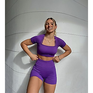 ABOCIW Workout Sets for Women 2 Piece Seamless Ribbed Shorts Set Yoga Gym Strap Detail Short Sleeve Square Collar Crop Top High Waist Shorts Exercise Tracksuit Sets Purple Small
