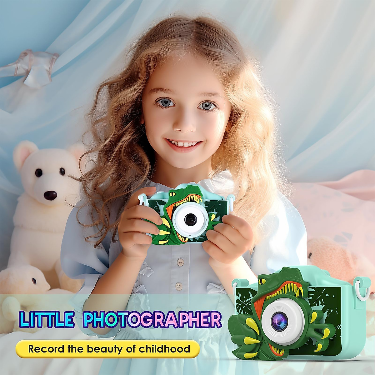 Dinosaur Camera for Kids with Cartoon Silicone Cover, Digital Mini Camera Toys for 3 4 5 6 7 8 9 10 11 12 Year Old Boys Girls Birthday Chirstmas Gifts Ideas - Personal Video Players (T-REX Green)