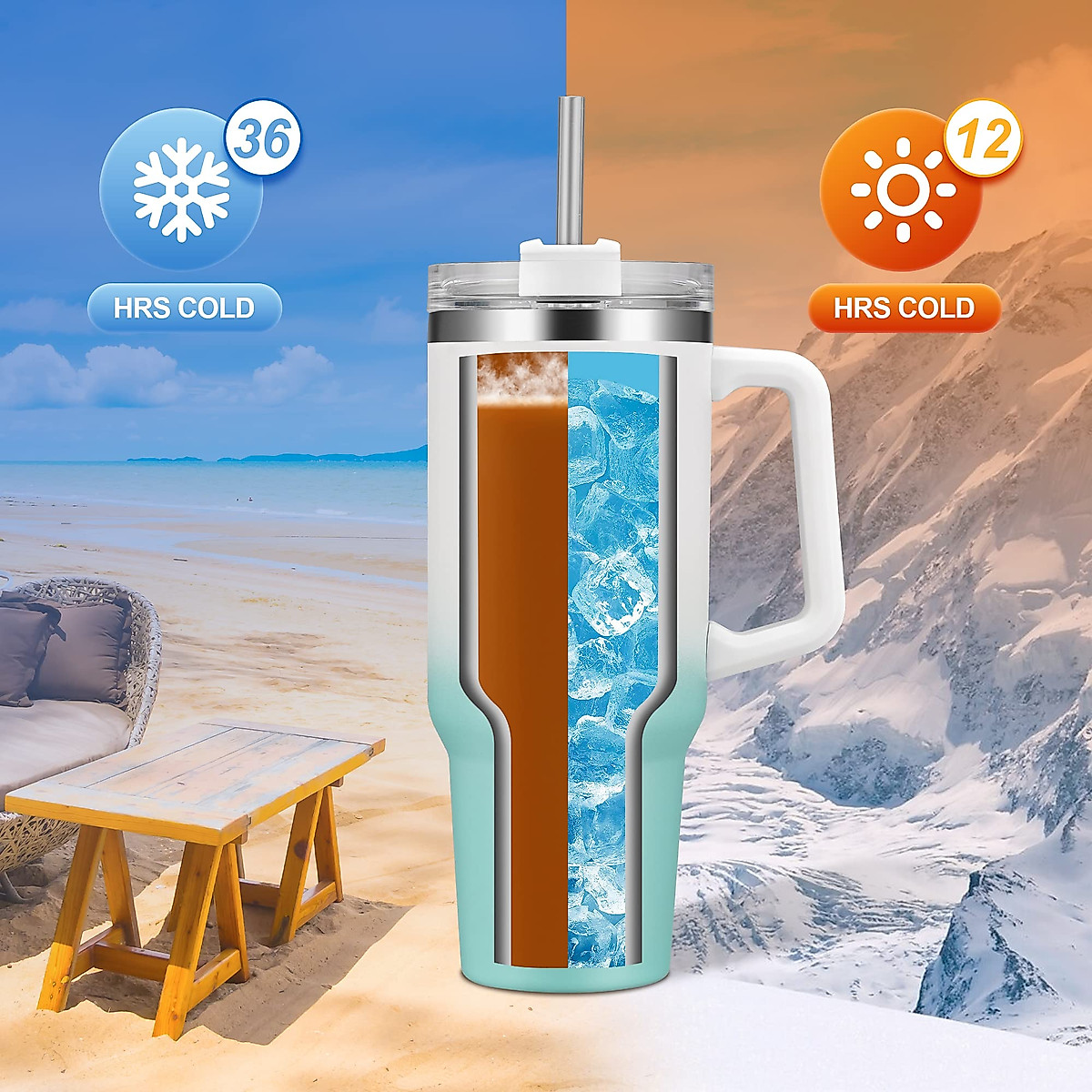 WAPEST 40 oz Tumbler with Handle - Insulated Tumbler with Straw Lid - Stainless Steel Insulated Water Bottle Travel Coffee Mug - Keeps Drinks Cold up to 36 Hours, BPA Free - White&Blue