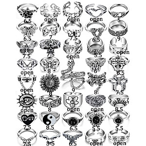 ZOVOLI 42-45PCS Vintage Sliver Goth Punk Rings Set for Women Men Cool Gothic Ring Pack Y2K Open Chunky Knuckle Emo Rings Skull Snake Flower Butterfly Trendy Stackable Rings for Gift (45PCS)