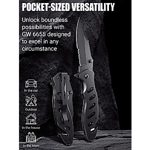 Tactical Legal Knife for Men Women - 2.68 Inch Serrated Blade Small Black Pocket Knife with Glass Breaker Seatbelt Cutter - Cool Folding Knives for Camping Work EDC - Mens Birthday Gift Ideas 6655 B