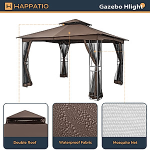 HAPPATIO 10' X 12' Patio Gazebo with Ventilation Double Roof, Outdoor Gazebo with Mosquito Netting for Lawn, Garden (Dark Brown)