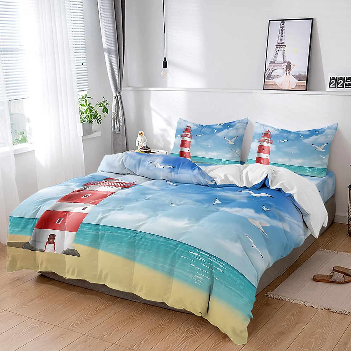 California King Duvet Covers Set Summer Ocean Beach Red Lighthouse 4 Pcs Bedding Sets Brushed Microfiber Quilt Covers Lightweight Cozy Flat Sheet with 2 Pillowcases Animal Seagulls Seascape Blue Sky