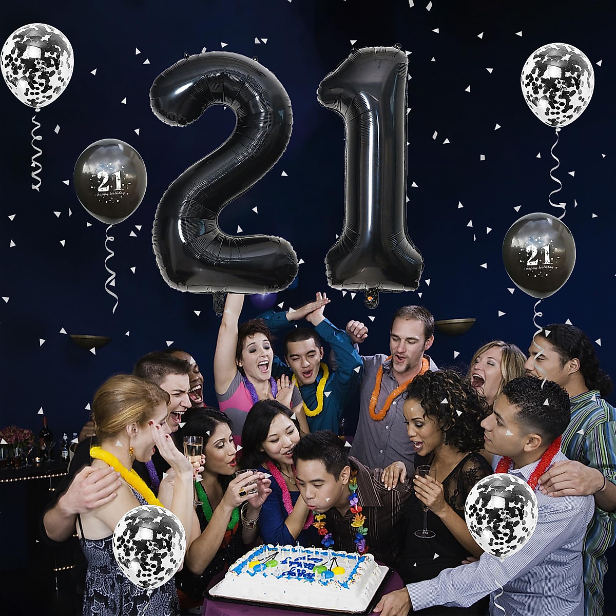 21st Birthday Balloons Black, 21st Birthday Decorations for Him with Large Number 21 Foil Balloon Birthday Confetti Balloons Metallic Black Latex Balloons for Her Girls Boys 21 Years Old Bday Decor