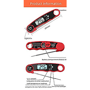 FLYSZQ Digital Instant Read Meat Thermometer,Foldable Probe with Backlight,Waterproof and Calibration,Thermometer for Food Cooking,Grilling,Baking (Red)