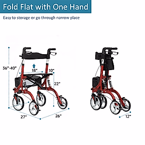 ELENKER Rollator Walker with Seat, 10”Front Wheels, with Shock Absorber & Carrying Pouch, Lightweight Compact Folding Design for Seniors (Red)
