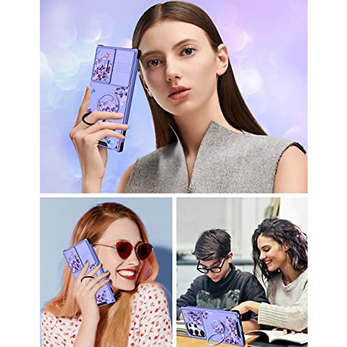 Goocrux (2in1 for Samsung Galaxy S23 Ultra Case Floral Flowers for Women Girls Girly Phone Cover Cute Lavender Flower Design with Slide Camera Cover+Ring Holder Purple Cases for S23 Ultra 5G 6.8''