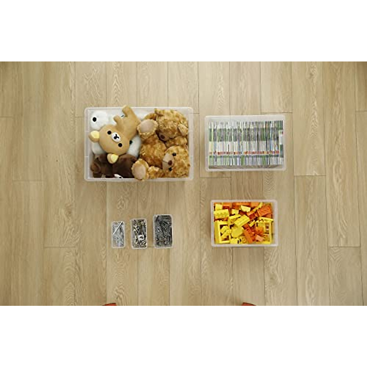 Momo's House Plastic Storage Organizer Box Containers with Brick Shaped Lids - Set of 4 Stackable Organizers Bin Clear, Small