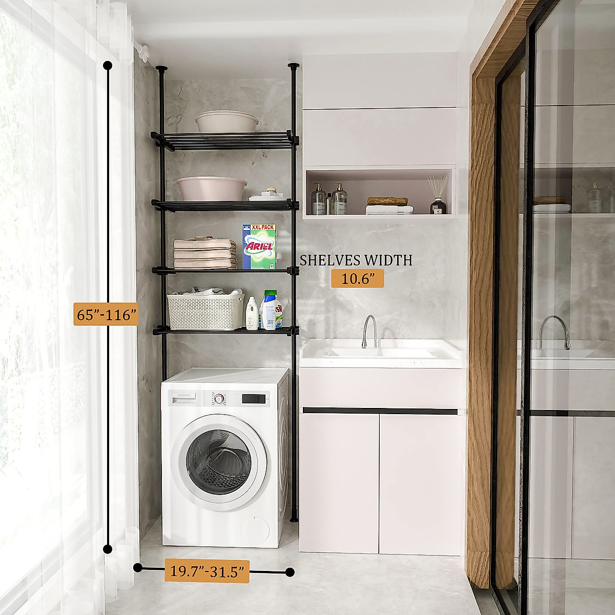 XIHUAN Adjustable Over The Toilet Storage Bathroom Organizer and Storage Shelf Stand Space Saving with Tension Poles 4 Tier Metal Rack White