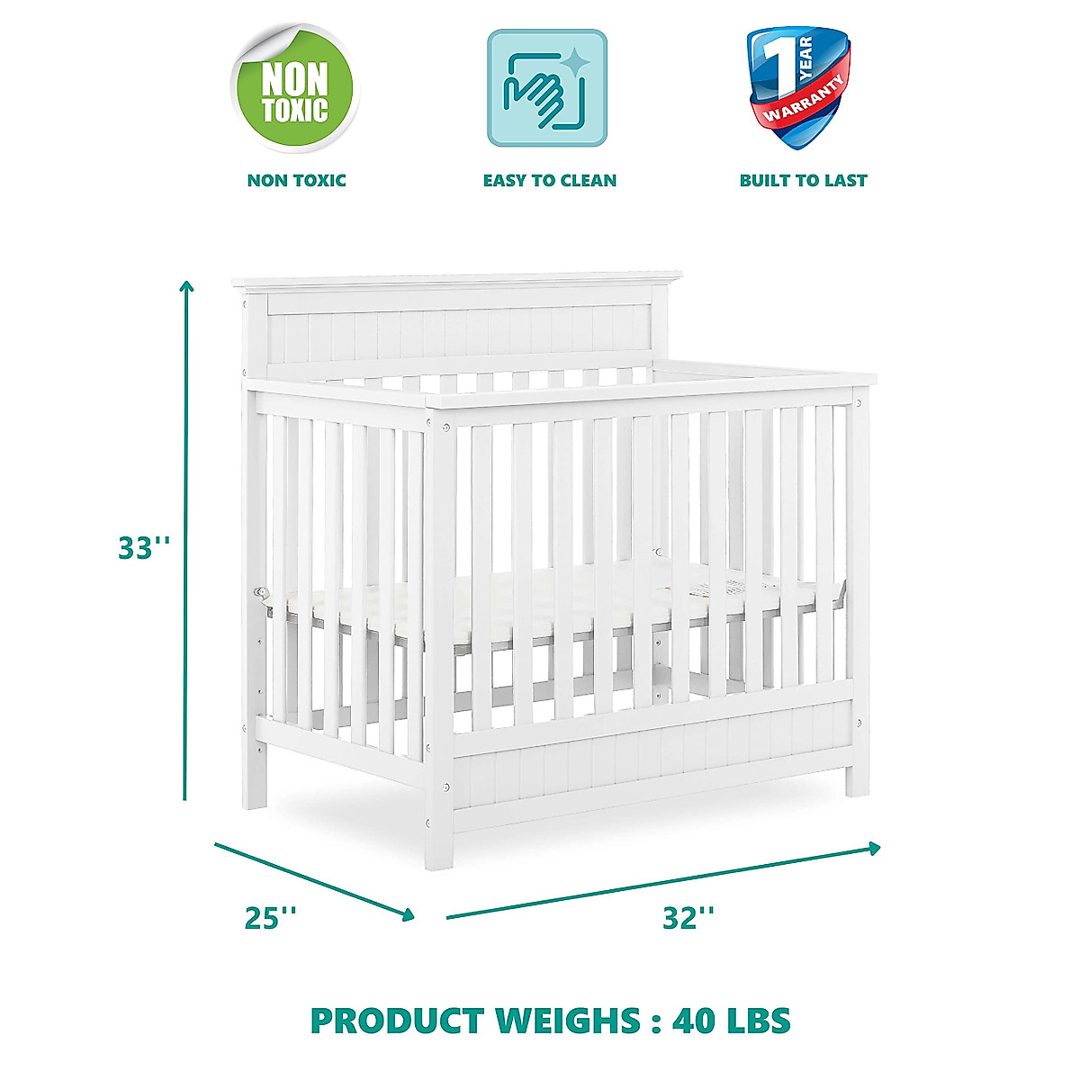 Dream On Me Harbor 4-in-1 Convertible Mini Crib in White, Greenguard Gold Certified