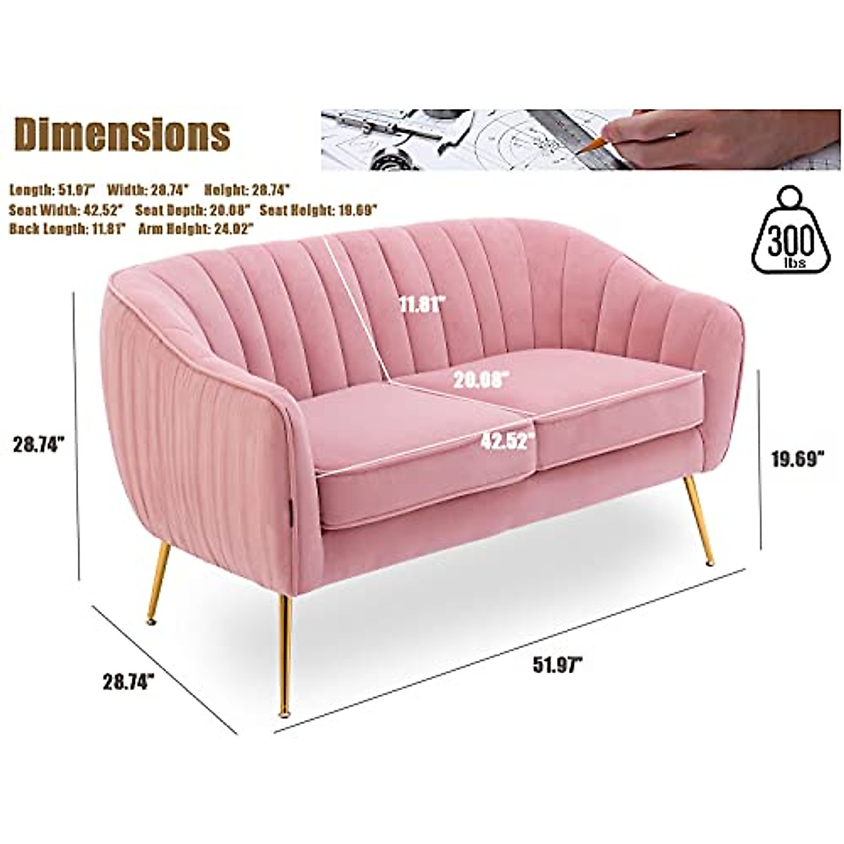 Altrobene Velvet Sofa Couch for Two People, Modern Loveseat for Living Room Bedroom Small Spaces, Blush Pink
