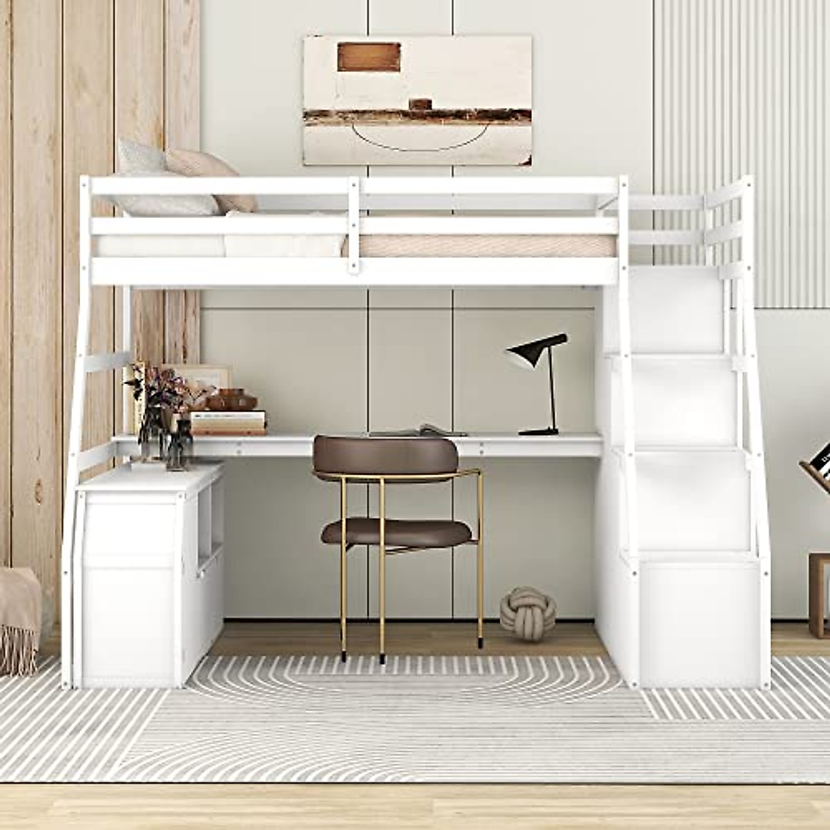 Merax Loft Bed Twin Size, Wooden Frame with Desk and Storage, Space-Saving Design with Convenient Multi-Drawers & Cabinet, for Teens Adults (White)