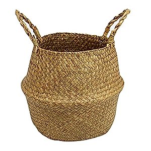 Casaphoria Woven Seagrass Belly Basket for Storage Plant Pot Indoorb,Decorative Sturdy and Durable Natural Material Sea Grass Baskets with Handles,Seaweed Round Basket for Organizing(Small)