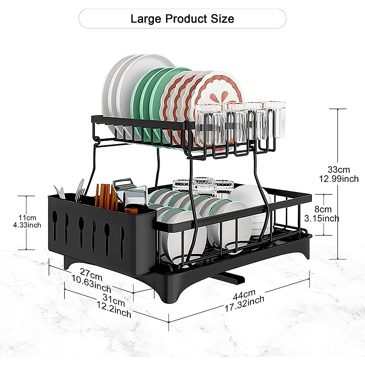 Dish Drying Rack for Kitchen Counter, 2 Tier Large Kitchen Drying Rack with Drainboard, Anti-Rust Stainless Steel Dish Drainer with Utensil Holder Wine Glass Holder for Cup Bowl Plate