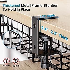 2 Packs Large Under Desk Cable Management Tray - Yecaye Clamps Install No Drill to Desk Cable Rack - No Damage to Tables - Desk Cord Organizer - Sturdy Metal Cable Management Tray for Office Home