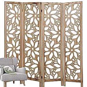 ECOMEX 4 Panel Cutout Room Divider 5.6Ft Wood Room Dividers and Folding Screens Carved Room Dividers Screen for Home Office Restaurant Bedroom, Natural
