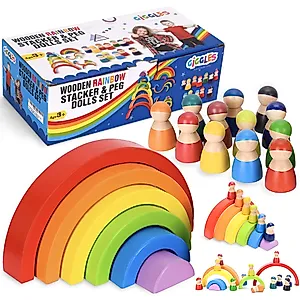 Wooden Rainbow Stacking Toy Playset – 6 Colorful Stacking Blocks & 12 Wooden People, Rainbow Baby Toy, Rainbow Stacker & Brain Development – Rainbow Toy & Puzzle Montessori Rainbow